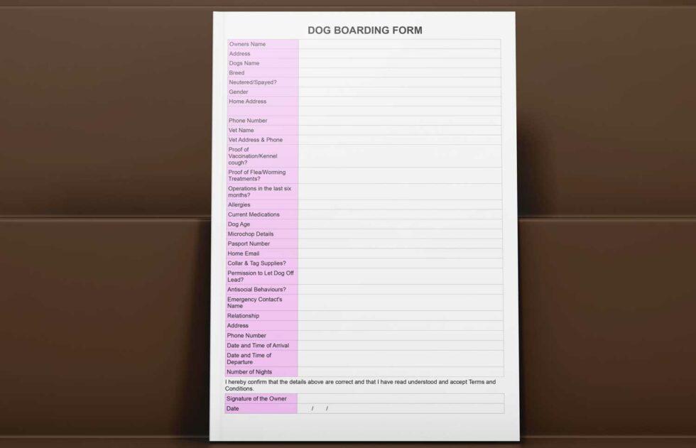 Free dog boarding form for your business